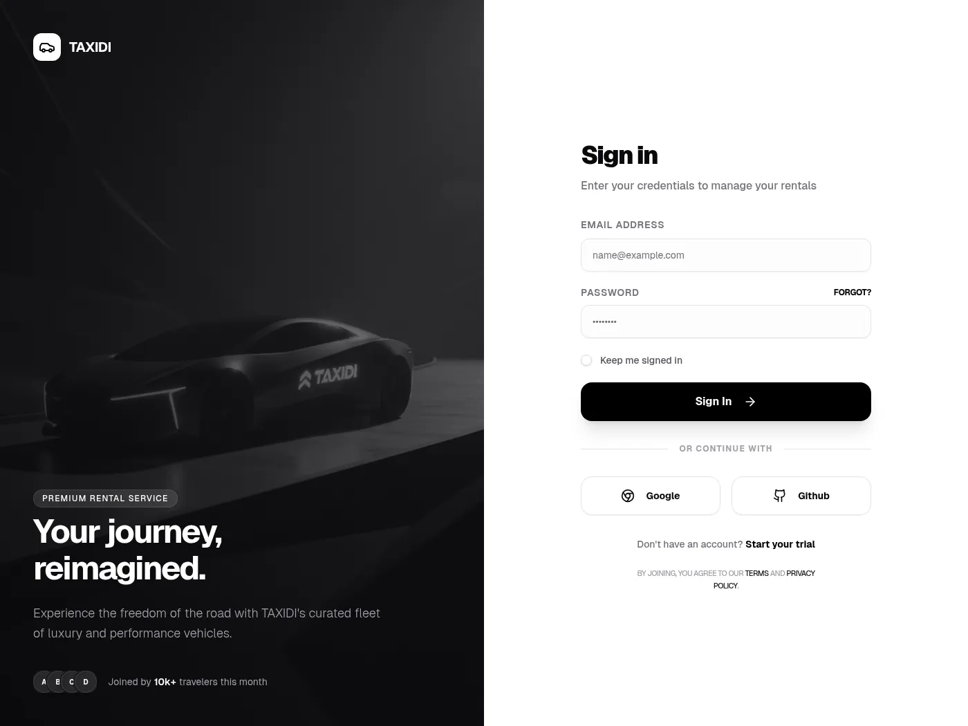 Taxidi Login UI
