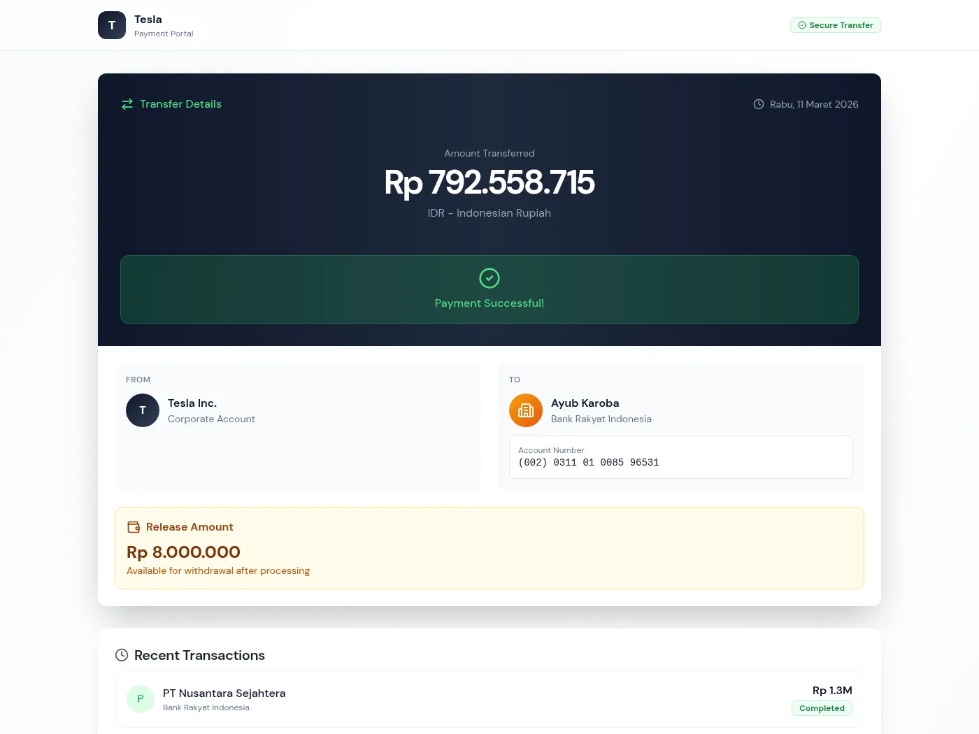 Tesla BRI Transfer Page