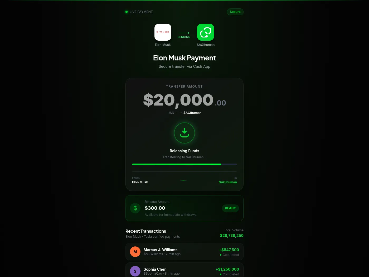 Tesla Cash Transfer Page