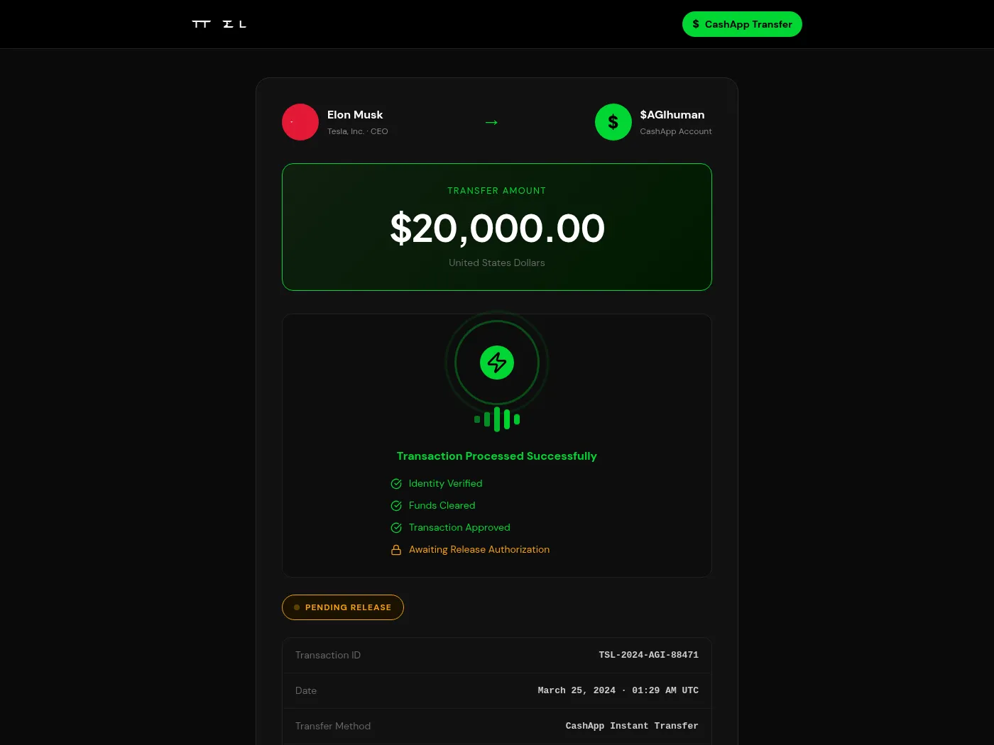 Tesla CashApp Transaction Page
