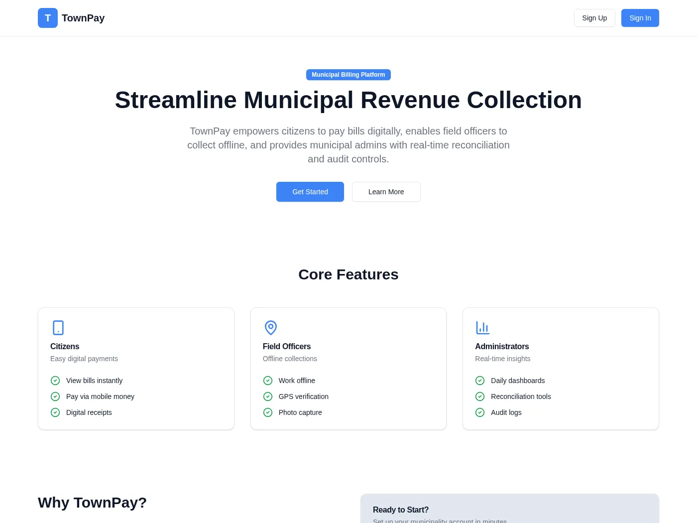 TownPay — Multi-Tenant Municipal Billing & Payments SaaS