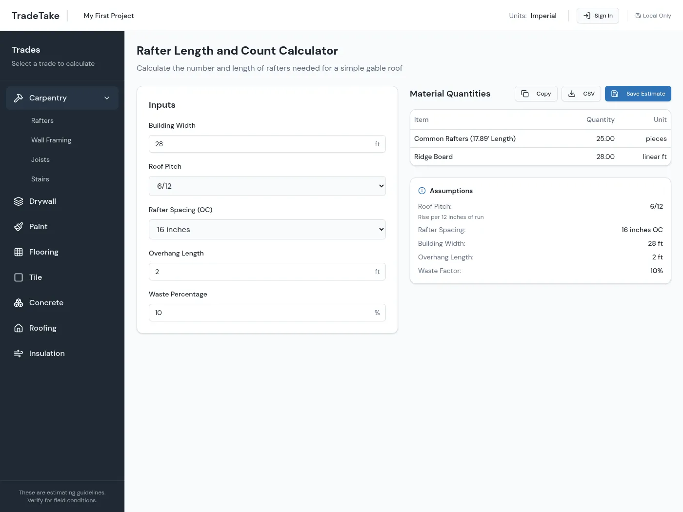 TradeTake Construction Calc