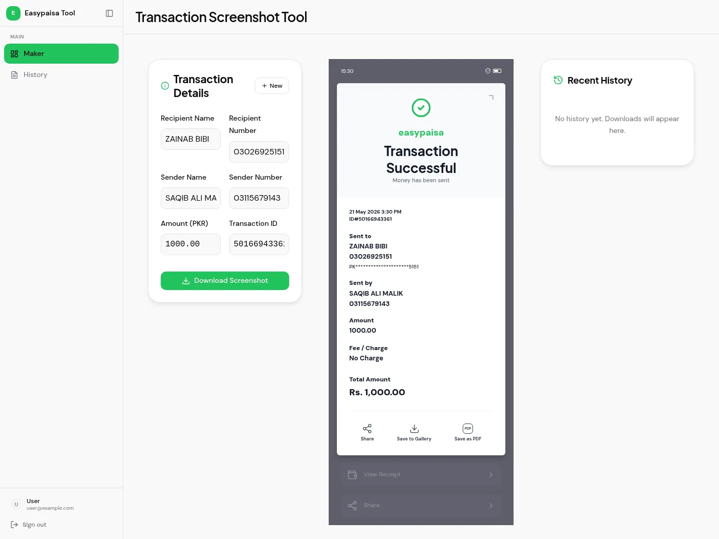 Transaction Screenshot Maker