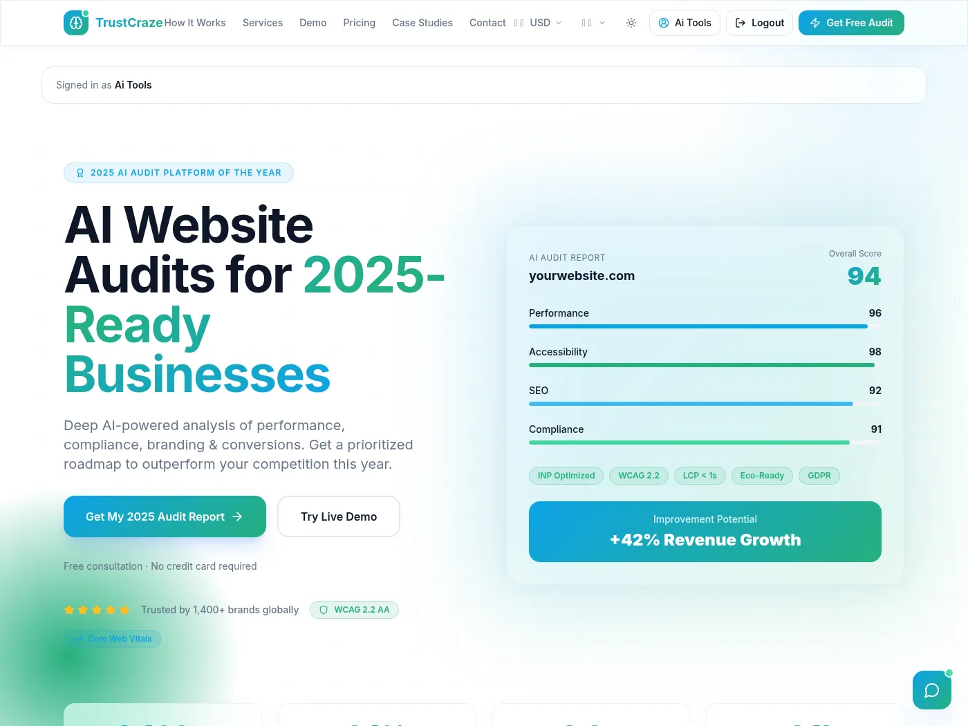 TrustCraze 2025 Flagship Website – AI Website Audits & Business Transformation