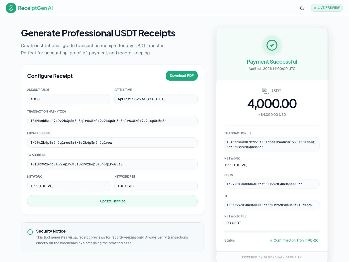 USDT Receipt Generator