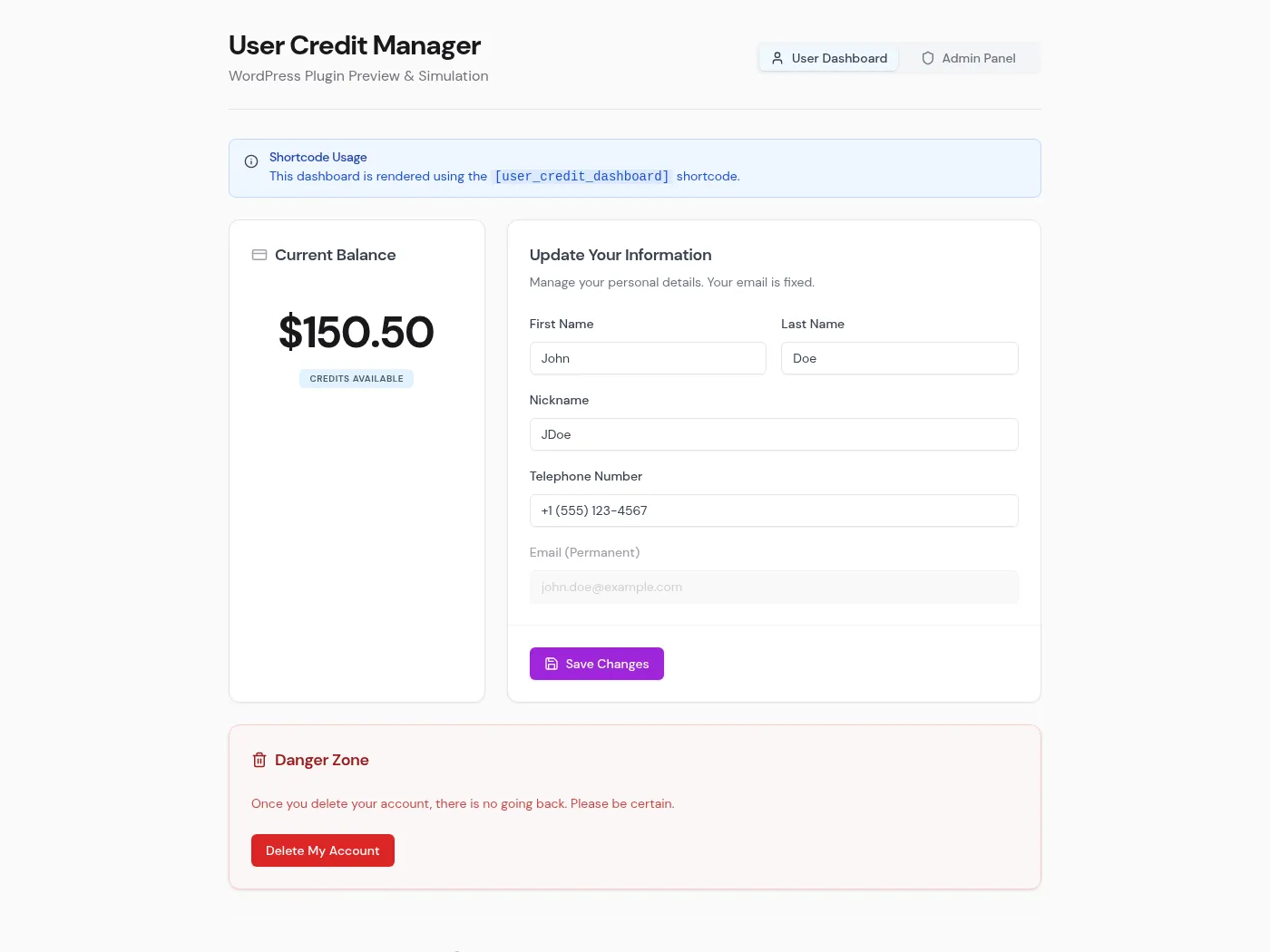 User Credit Manager Plugin