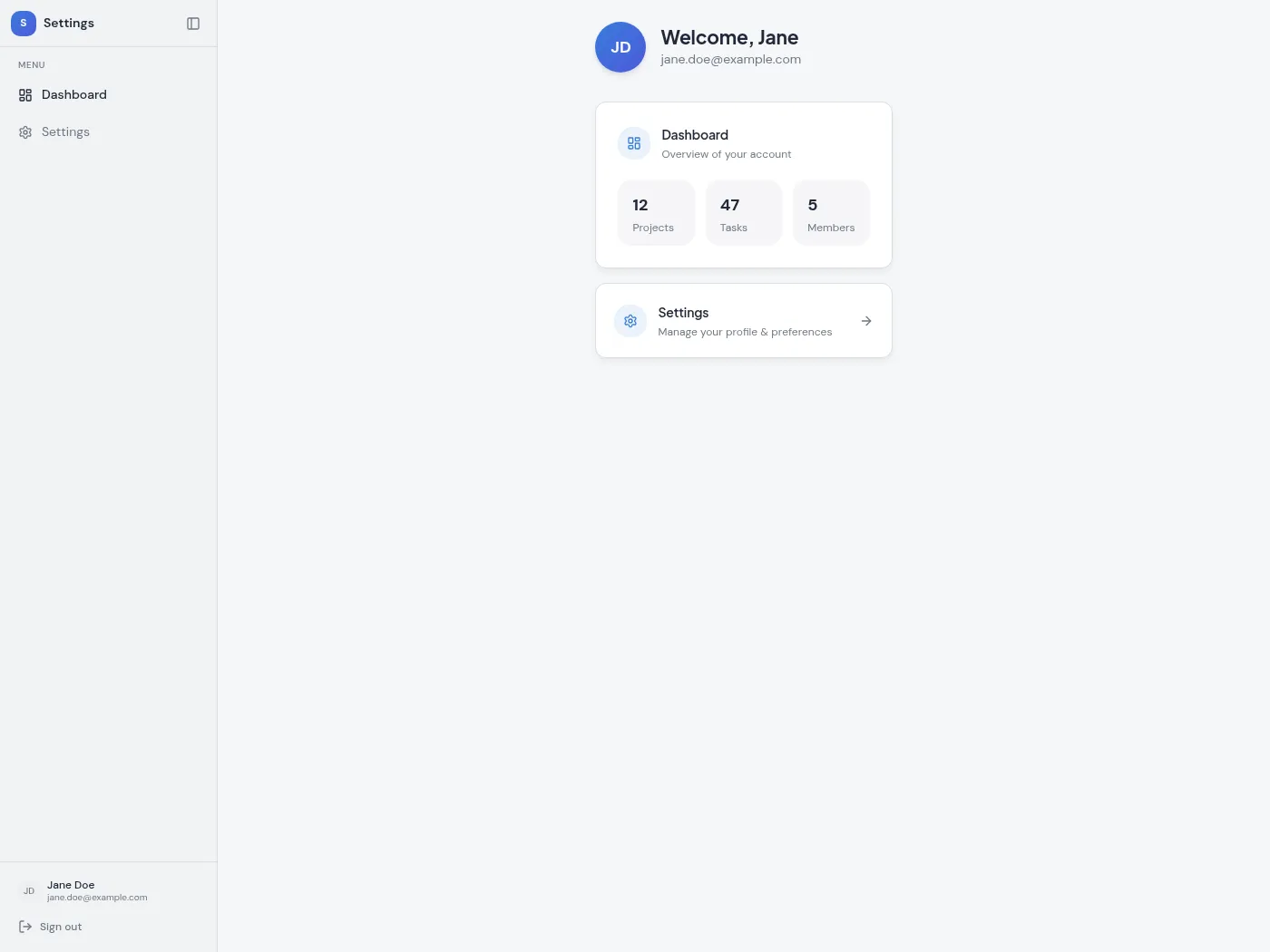 User Settings Dashboard
