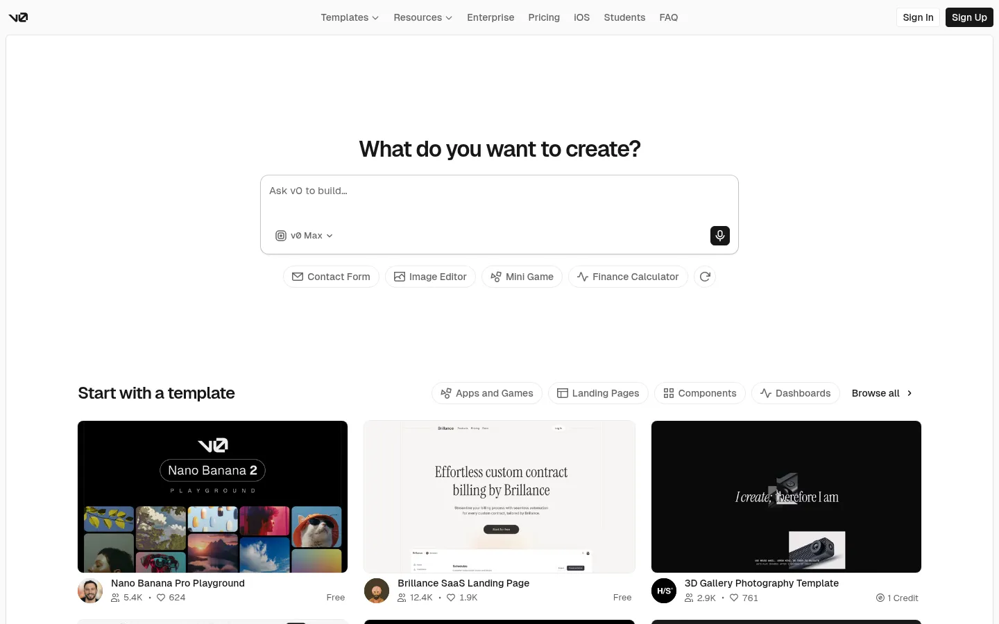 v0 by Vercel landing page — AI UI generator producing production React components