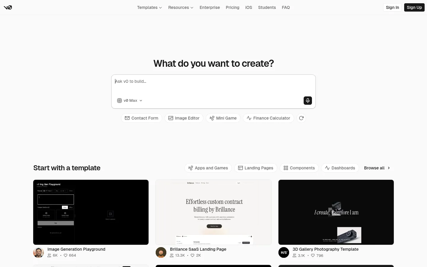 v0 landing page — Vercel’s AI component generator for React and Tailwind