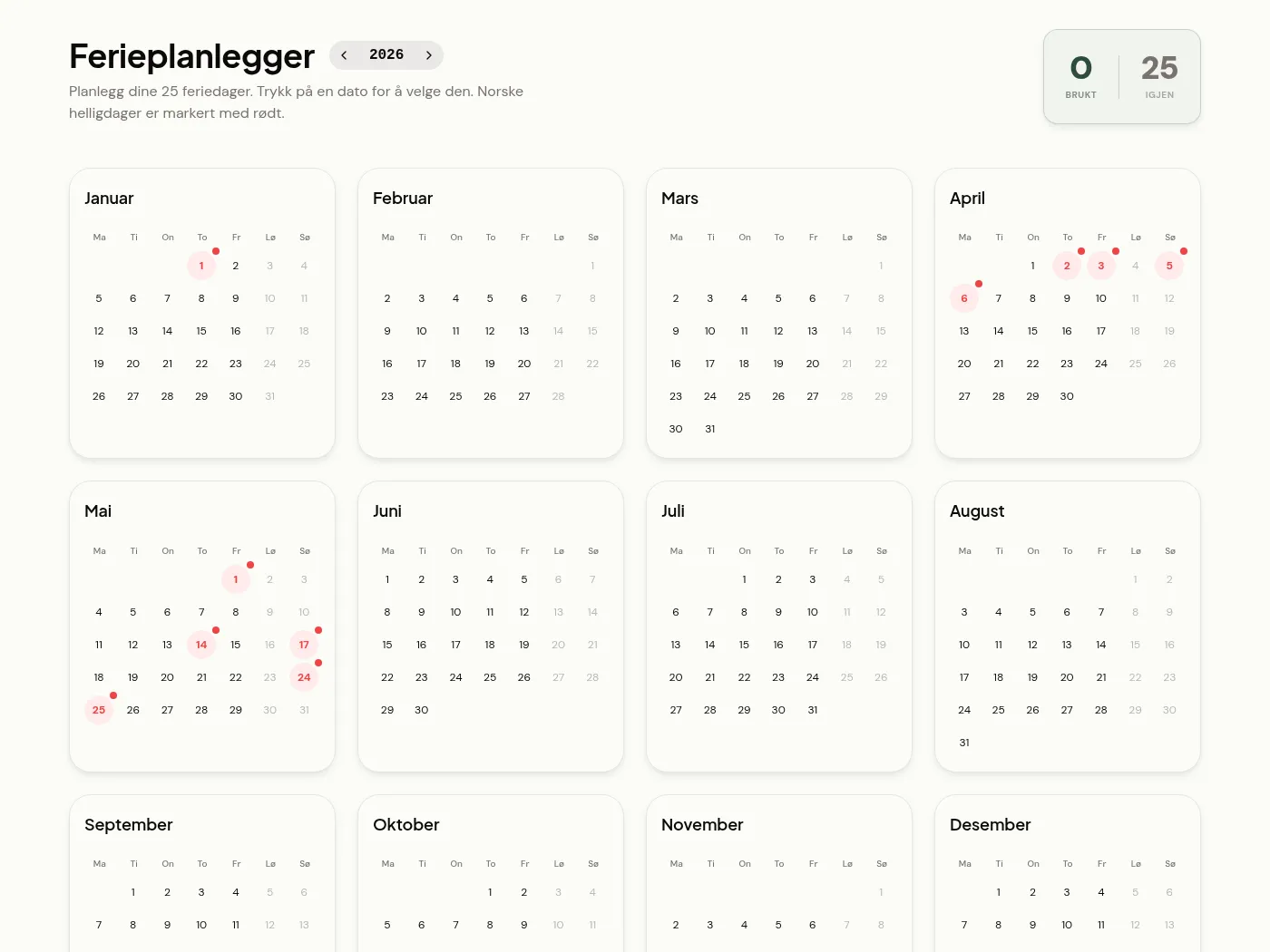 Vacation Planner Calendar