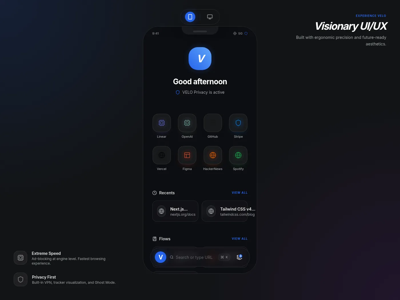VELO Browser UI Showcase