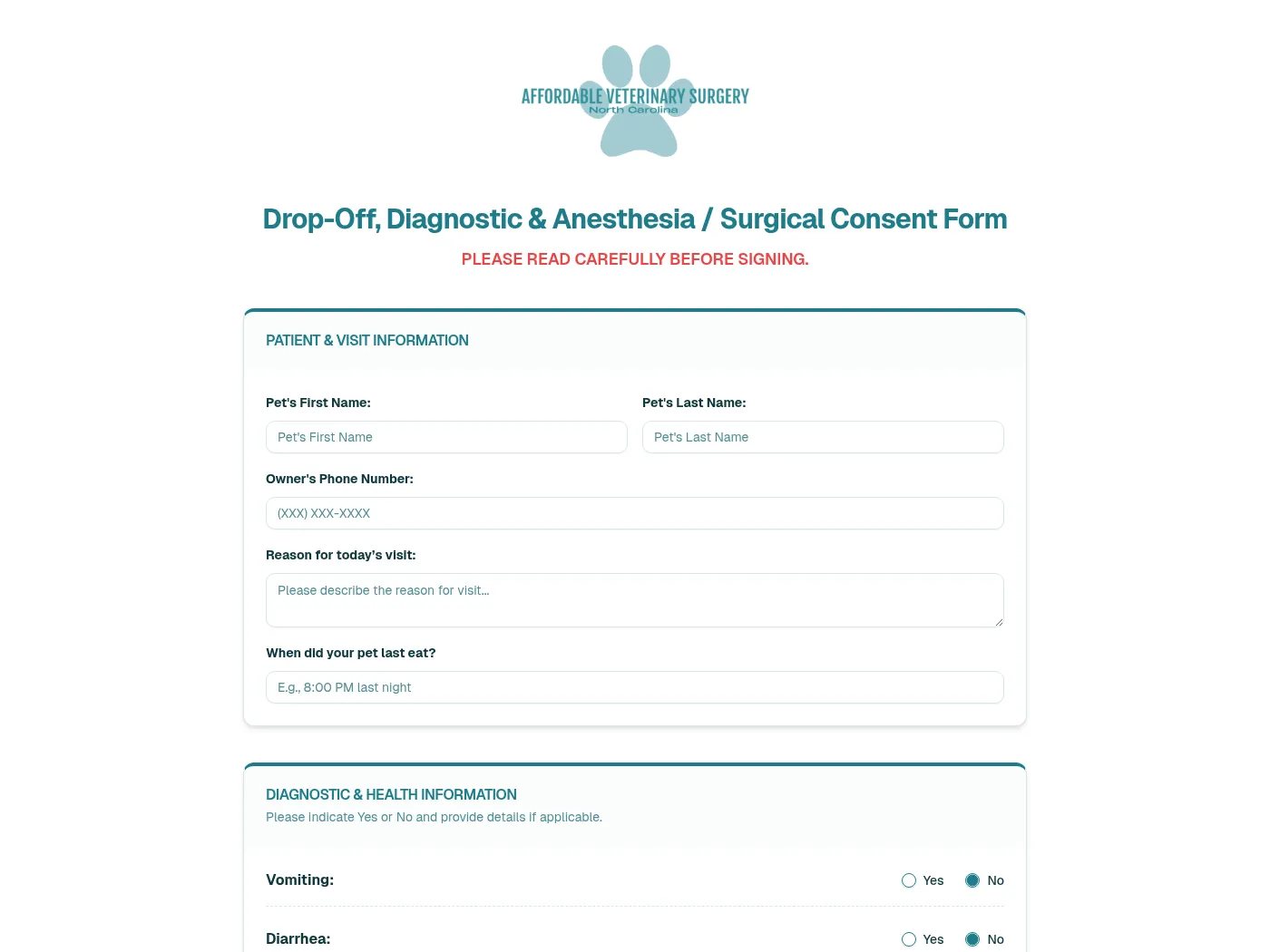 Vet Surgery Consent Form