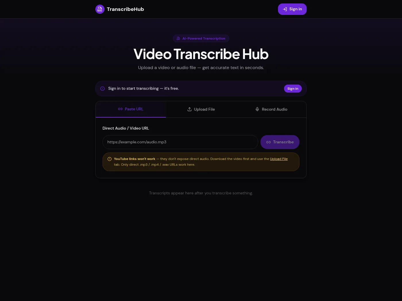 Video Transcribe Hub
