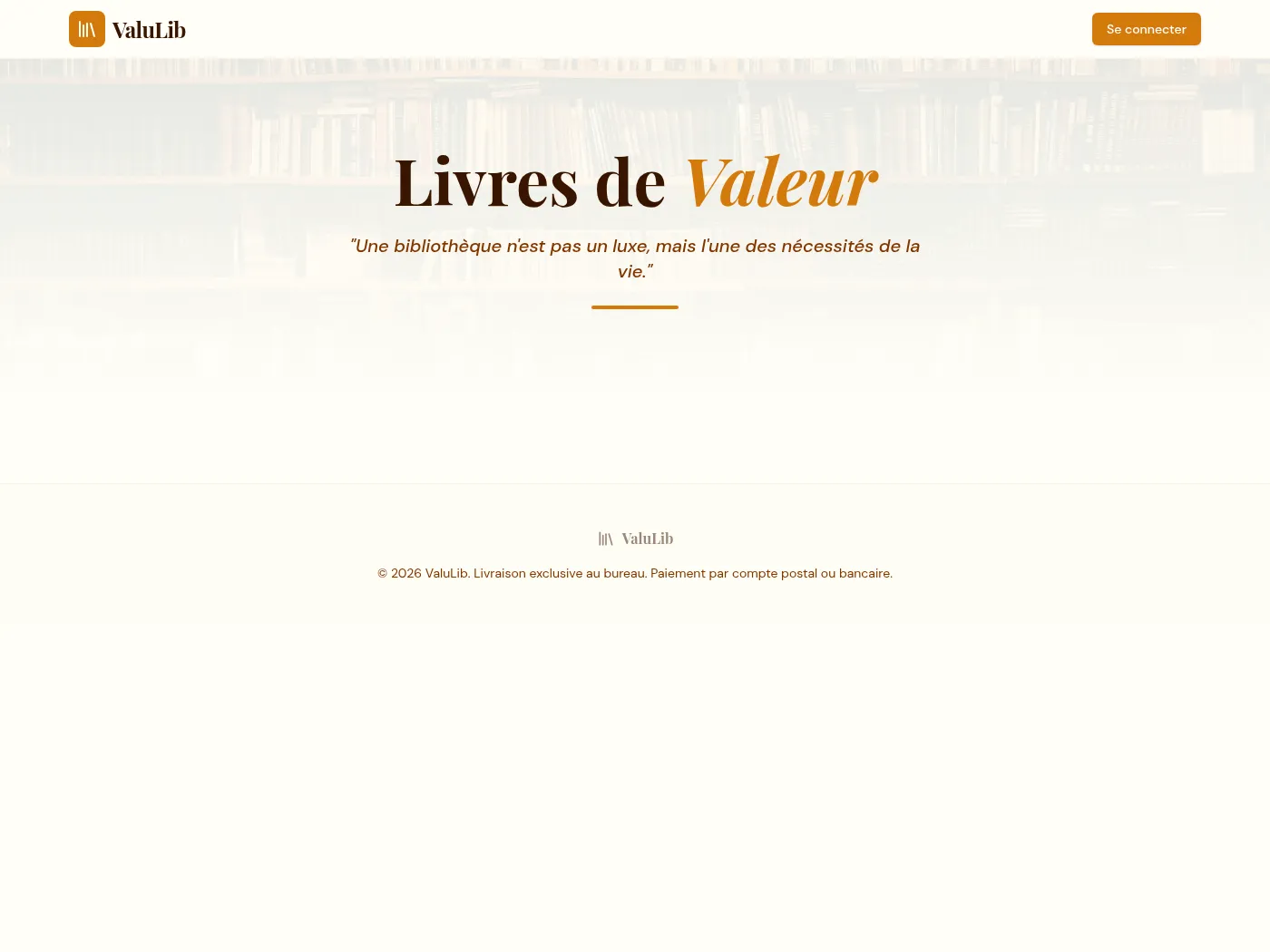 créez application de biblioteque pur cmmande de livres de valeurs payement par comptes postale ou bancaire ou livraison au bureau..