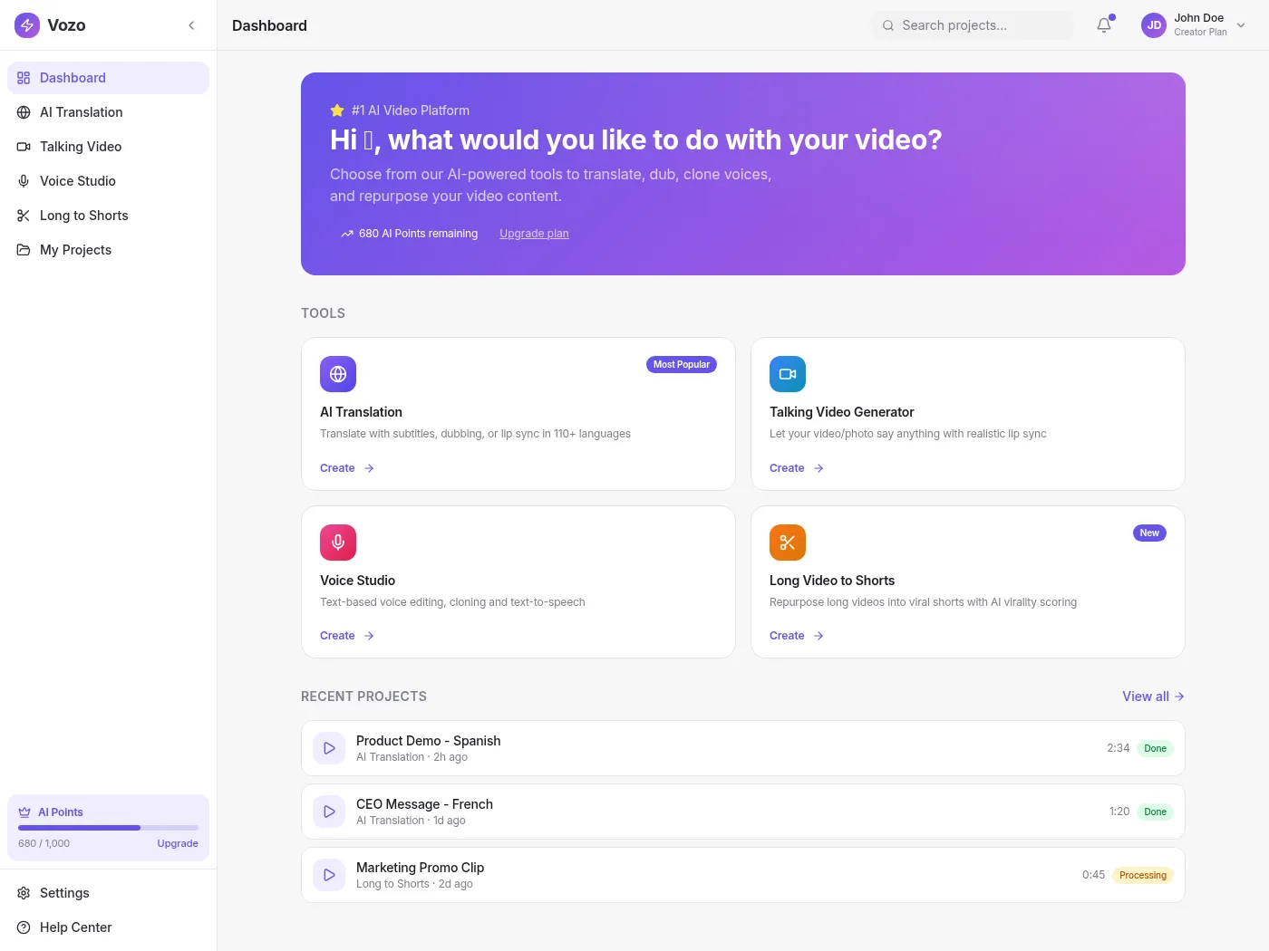 Vozo AI Dashboard Clone