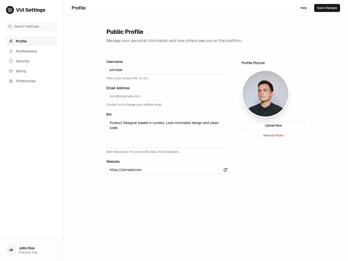 VUI User Settings Page