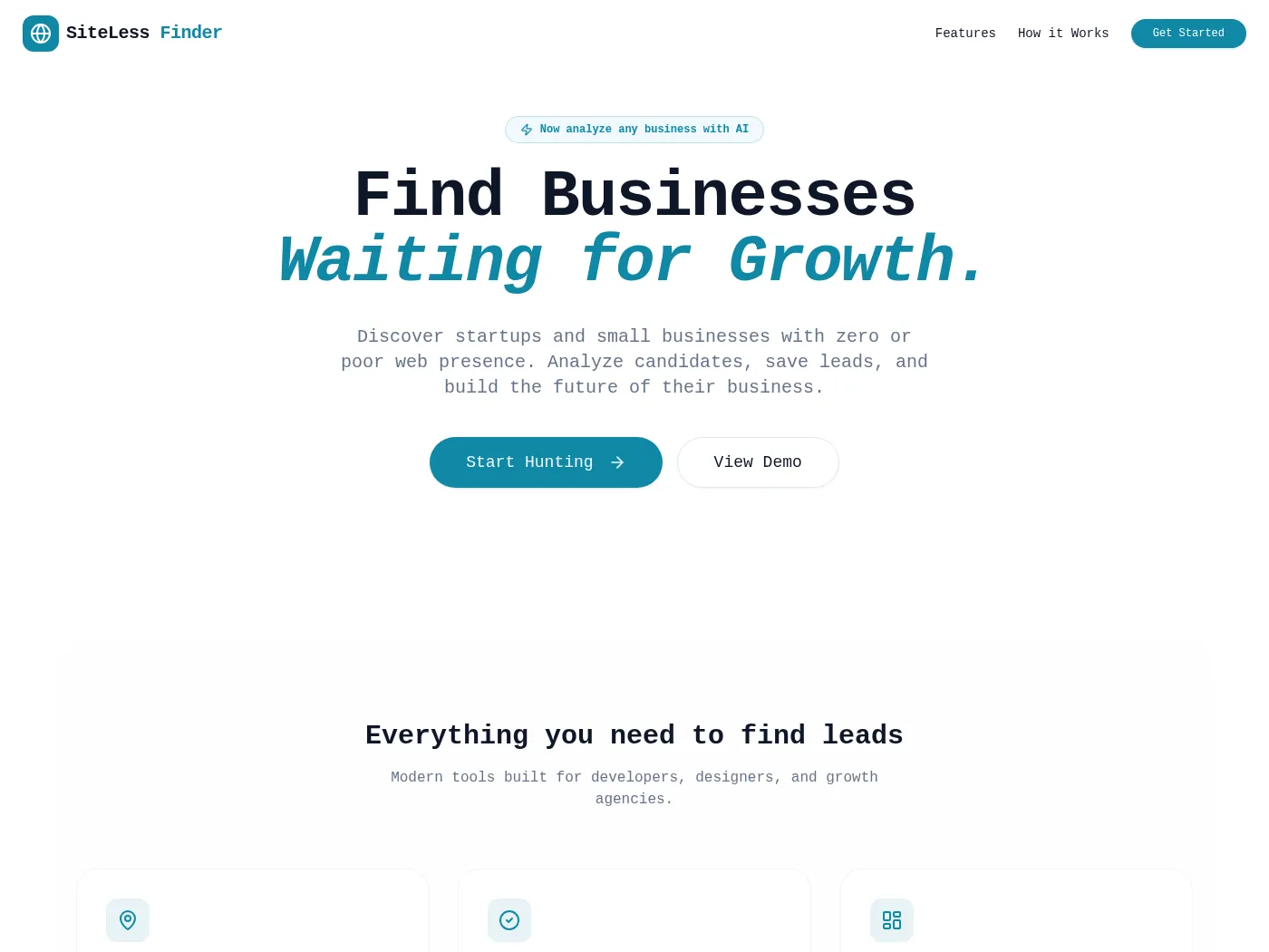 WebsiteLess Startups Finder