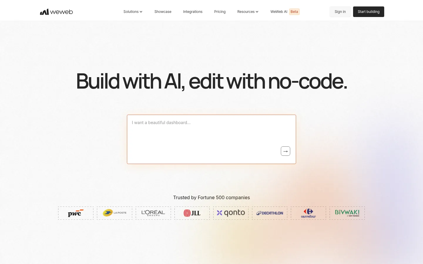 WeWeb landing page — visual no-code editor with AI generation and native backend