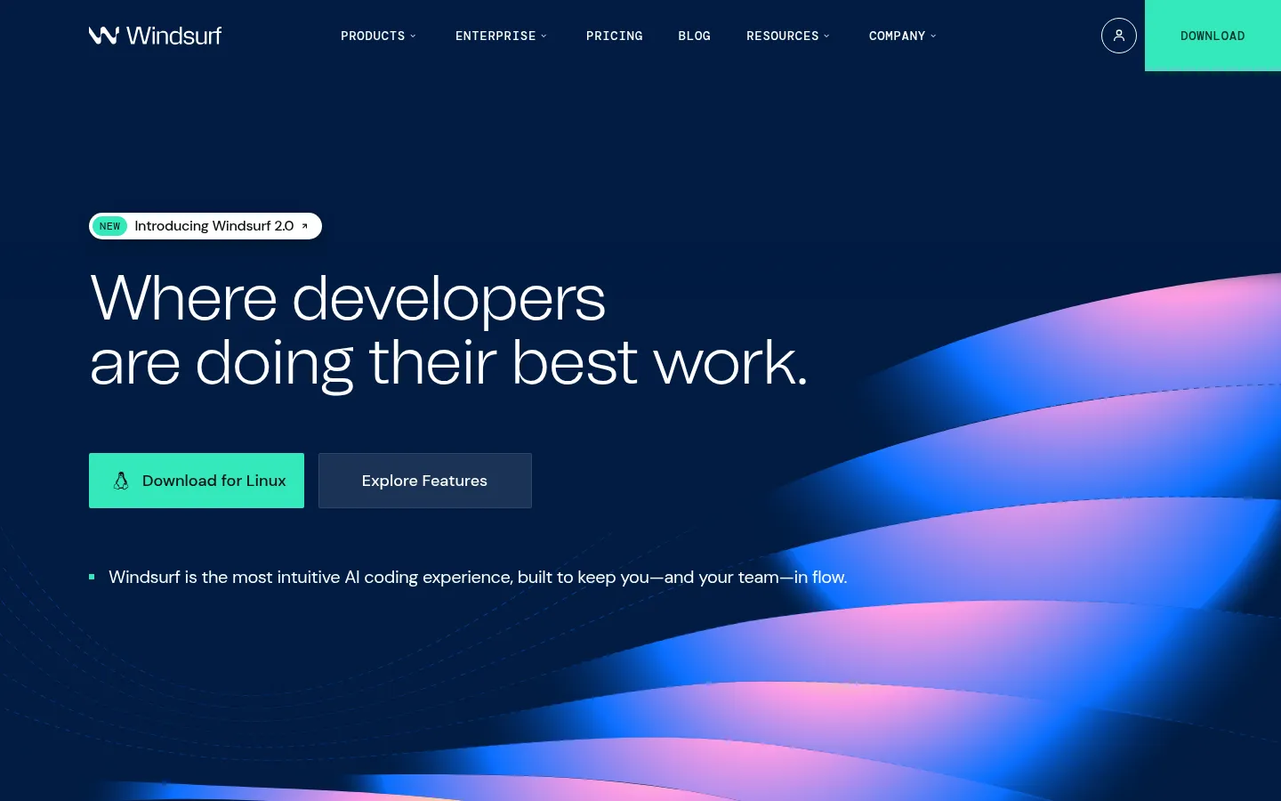 Windsurf landing page — agentic AI code editor from Codeium with Cascade, Tab, and SWE-1.5 model