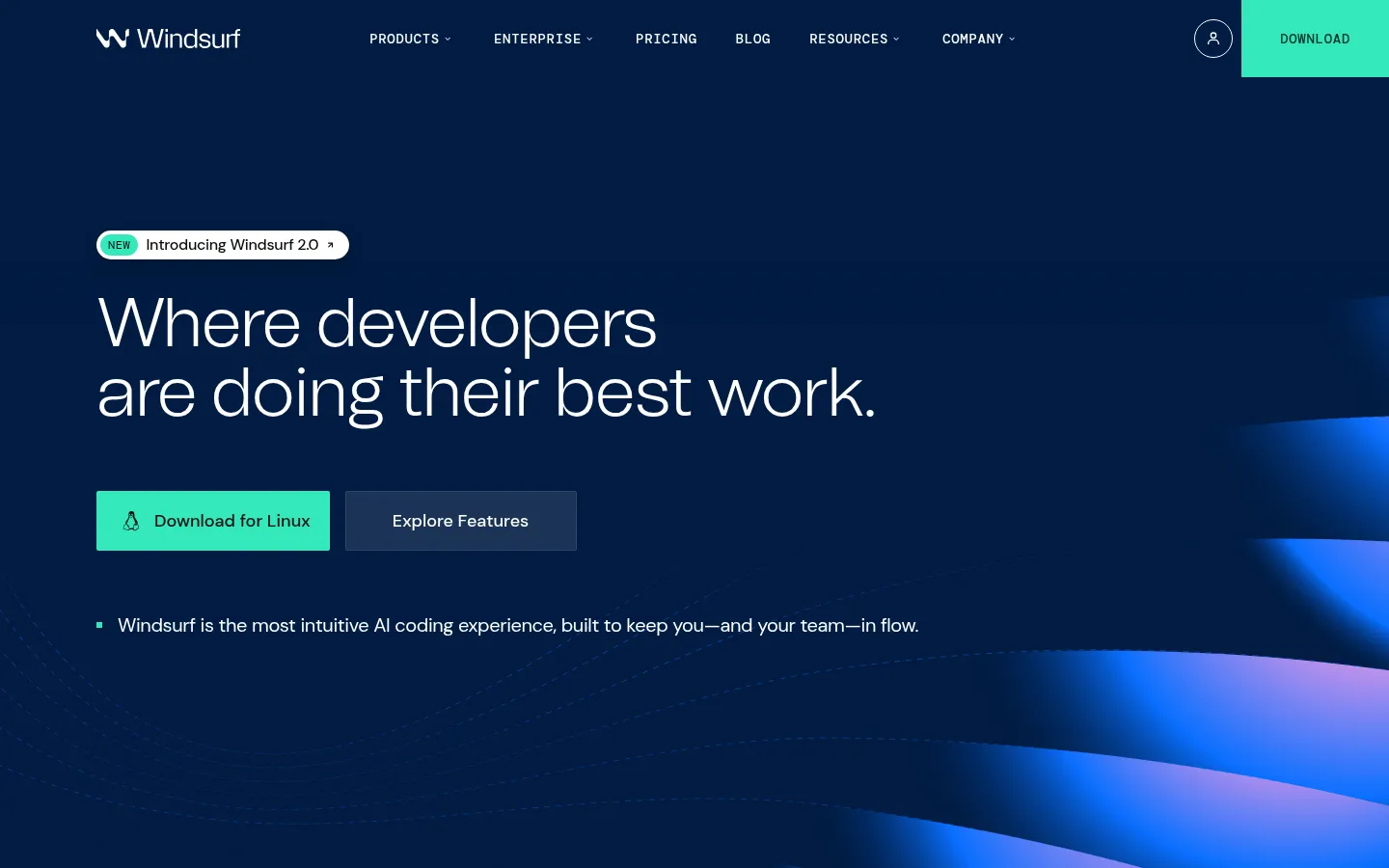 Windsurf landing page — Codeium's agentic AI code editor with Cascade loop and model flexibility