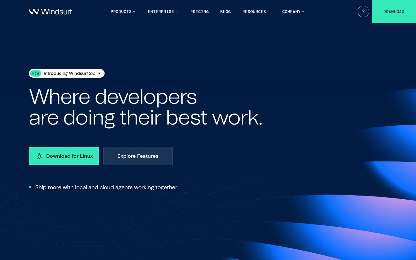 Windsurf by Codeium landing page — AI-first IDE with Cascade agentic mode