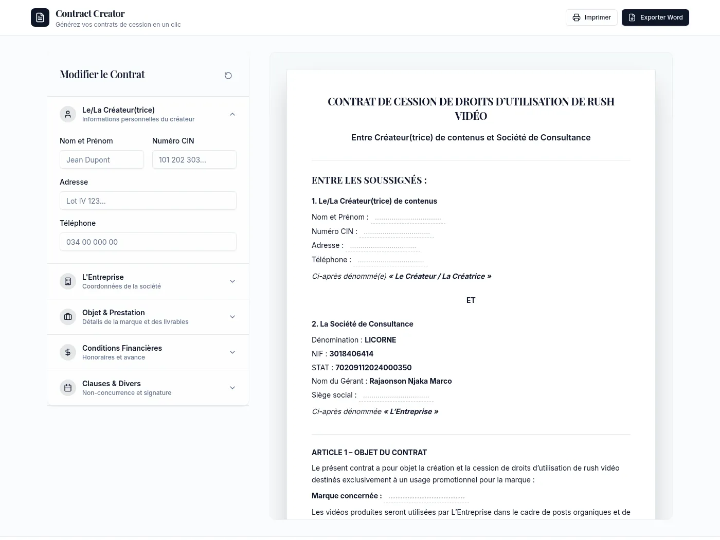 Contrat Word Creator