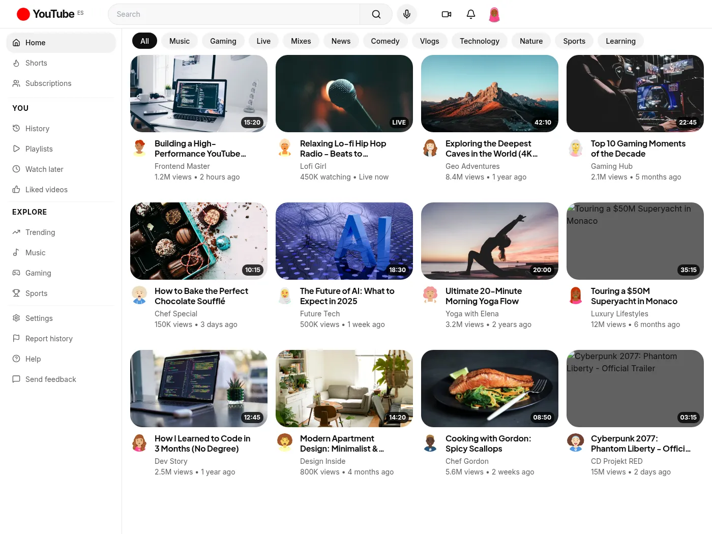 YouTube Clone Page