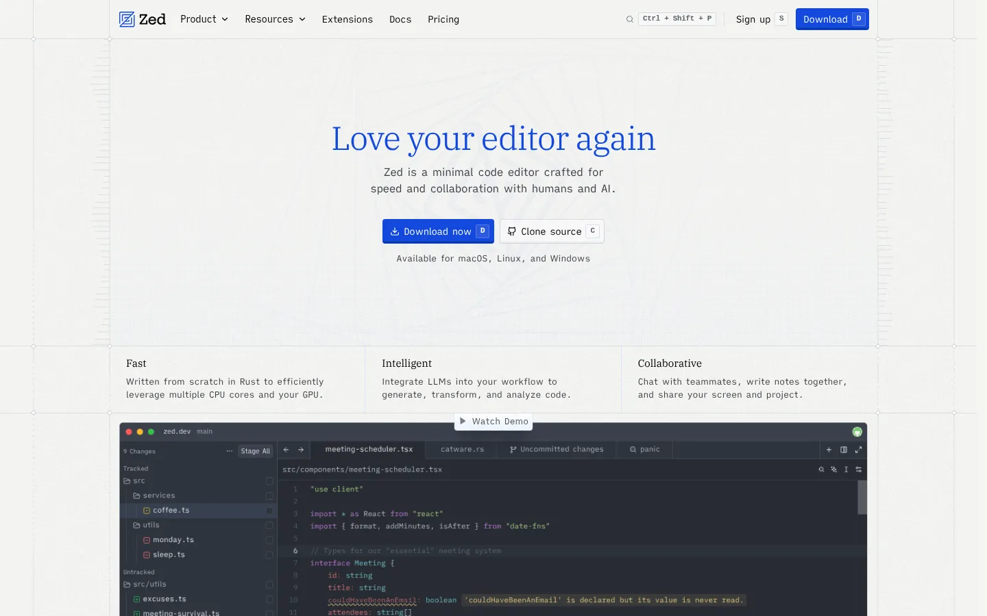 Zed landing page — Rust-based collaborative code editor with native performance and AI features